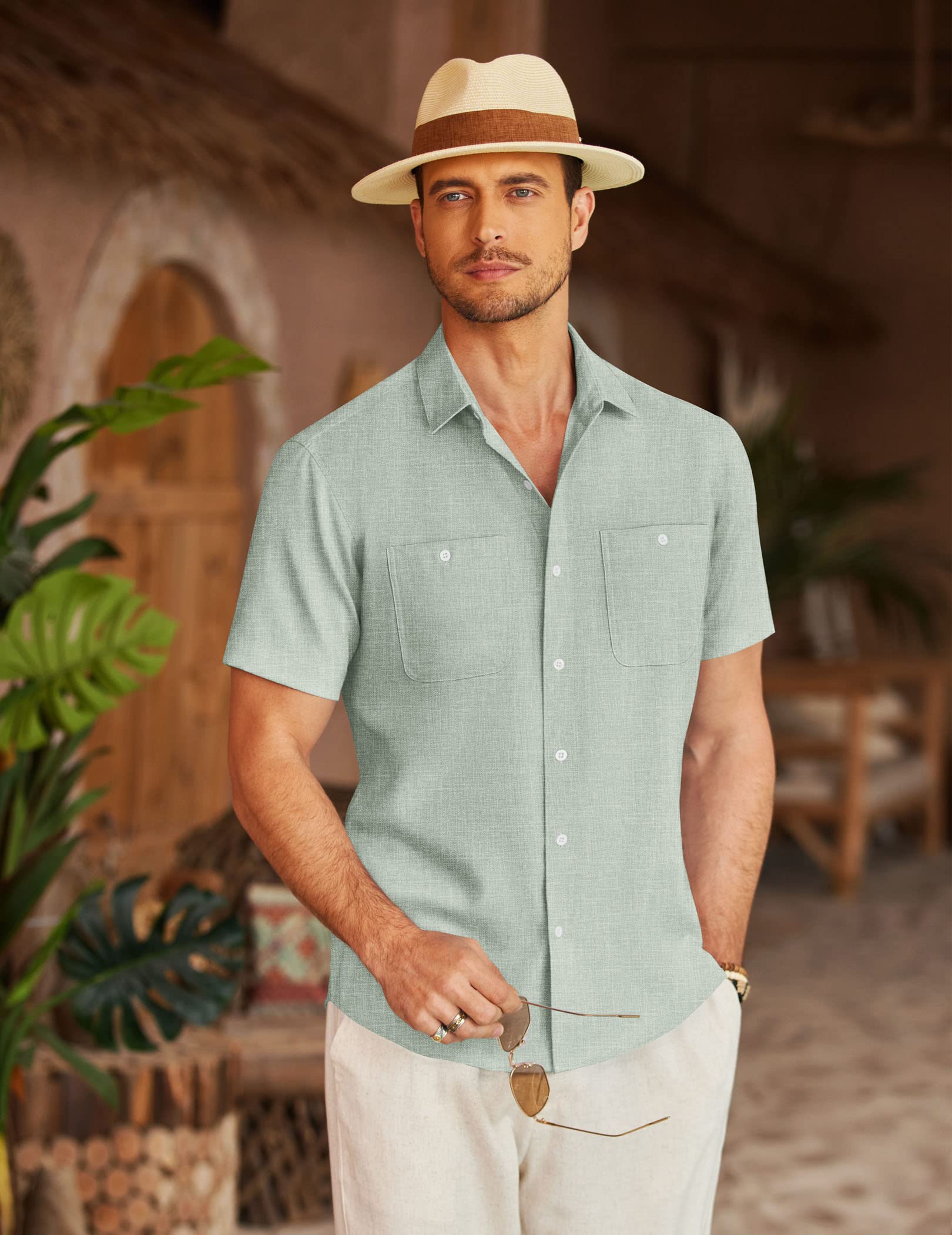 COOFANDY Men's Dress Shirt Short Sleeve Button Up Cotton Designer Shirt Big Tall Light Green
