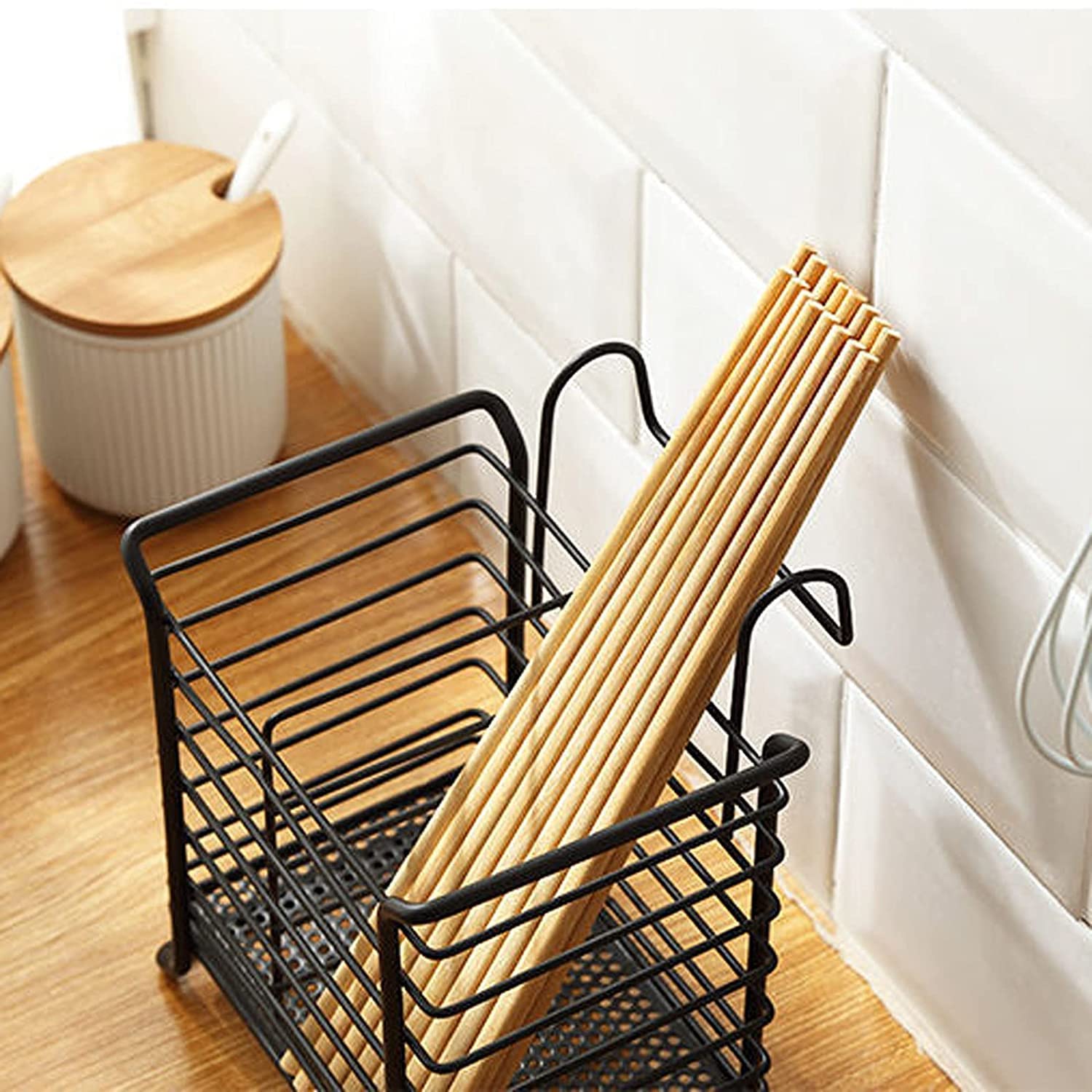 ceramic Utensil Caddy Iron Chopsticks Holder, Hanging Cutlery Drying Basket Draining Chopsticks Rack, Tableware Organizer Pen Holder chopstick holder (Color : Black)