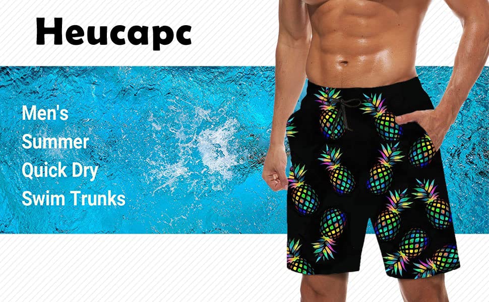 Heucapc Men's Swim Trunks Quick Dry Swimming Trunks Pineapple Swim Trunks with Mesh Lining and Pockets XXL