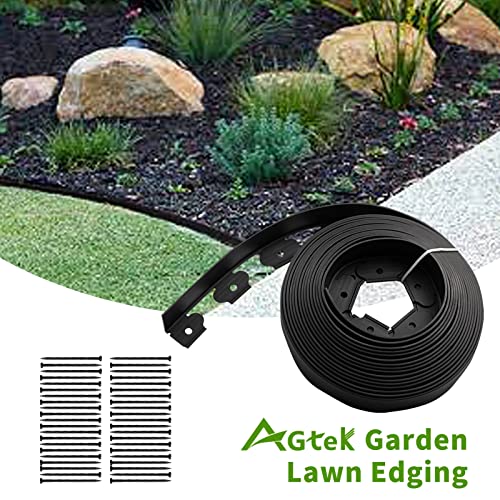 AGTEK 46FT Plastic Landscape Edging Kit 1.5in. Height No-Dig Garden Edging Border Lawn Edging Roll for Flower Bed Lawn Yard, Black with 42 Spikes