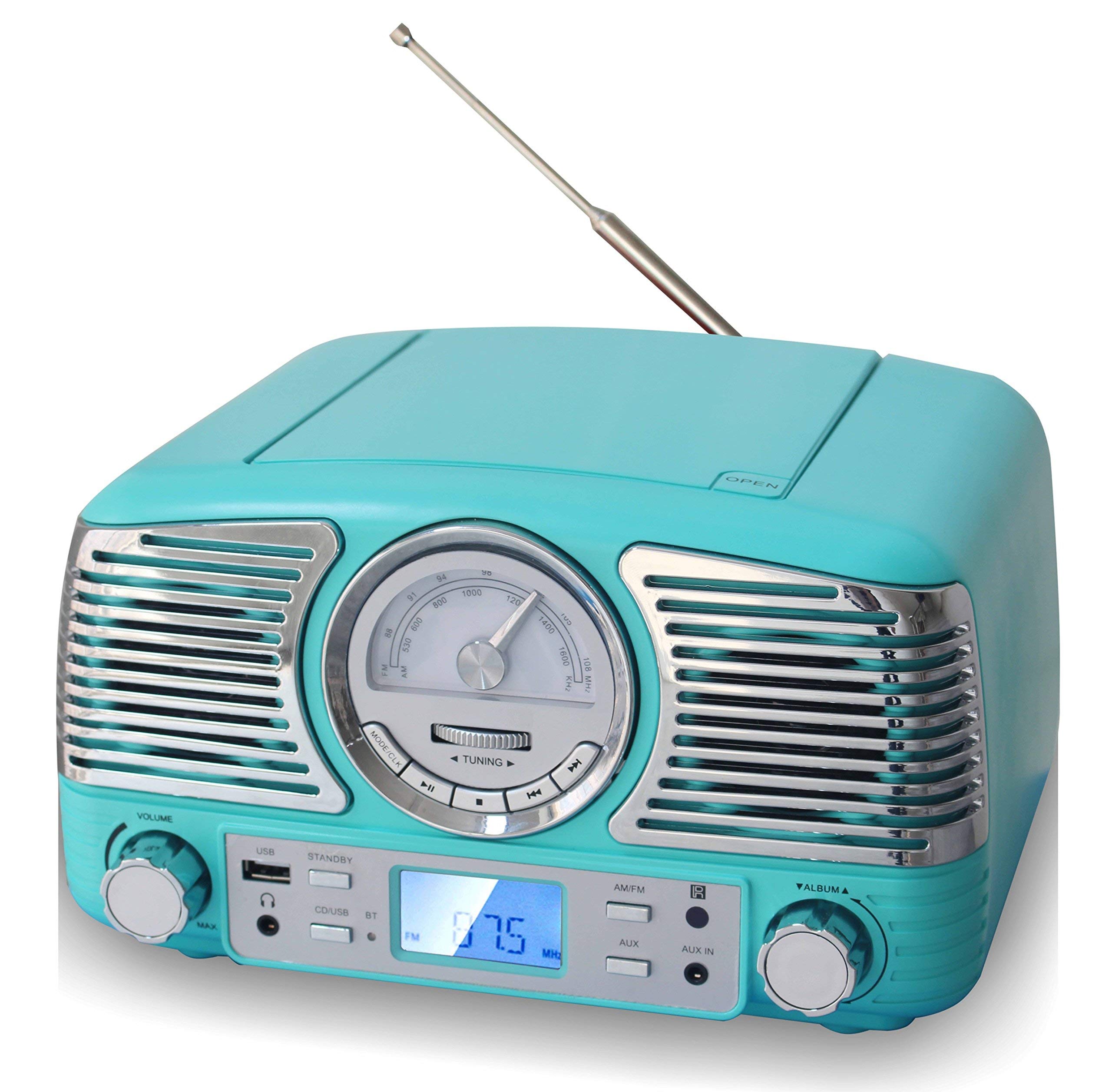 TechPlay QT62BT Turqouise , Retro design compact stereo CD, with AM/FM rotary knob, Wireless Bluetooth reception and USB port. With AUX in and headphone jack