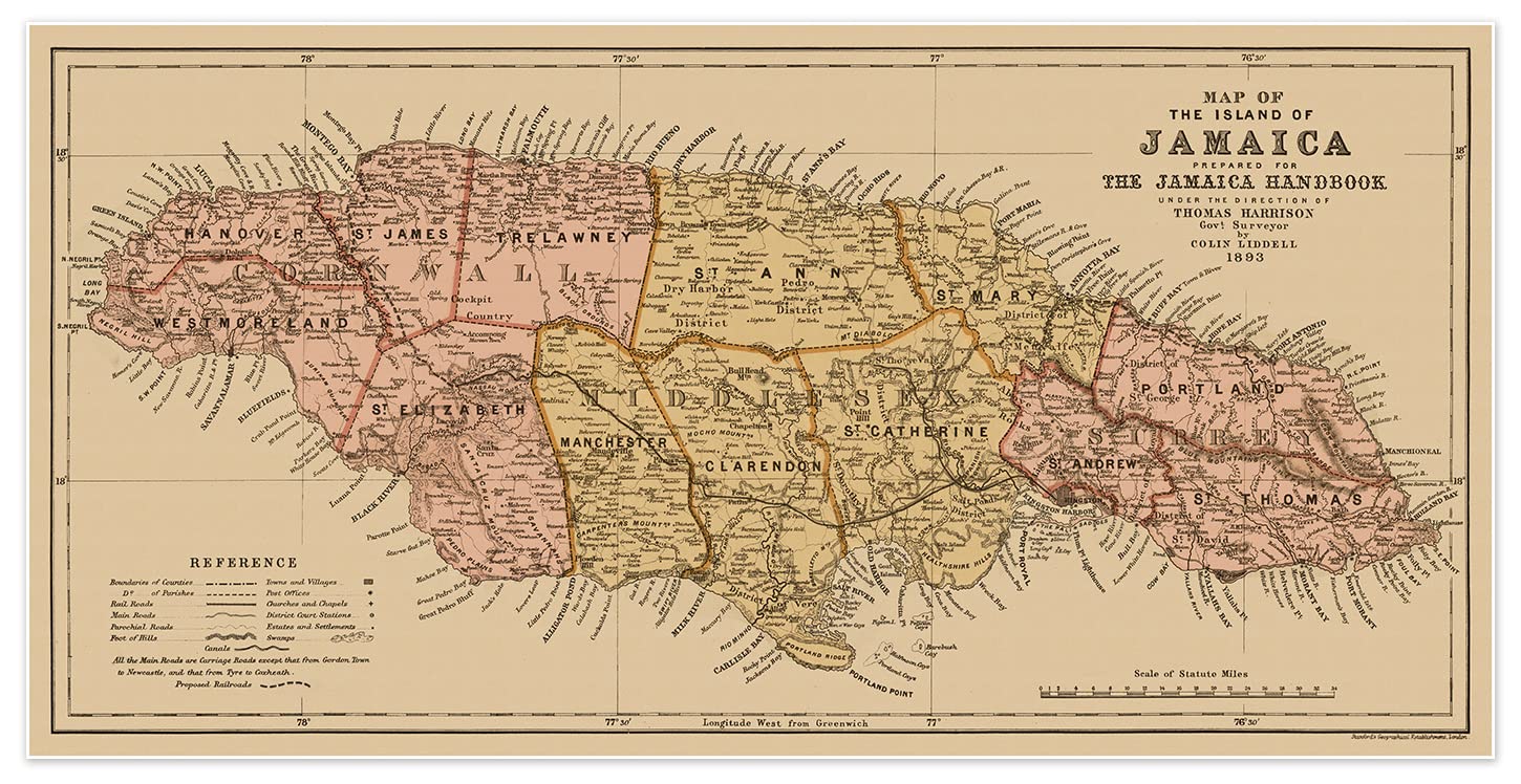 Mapa de la Isla de Jamaica "Map of Jamaica" circa 1893 | Art Print Poster Vintage Wall Decor | 24 x 48 inches (610 x 1219 mm)