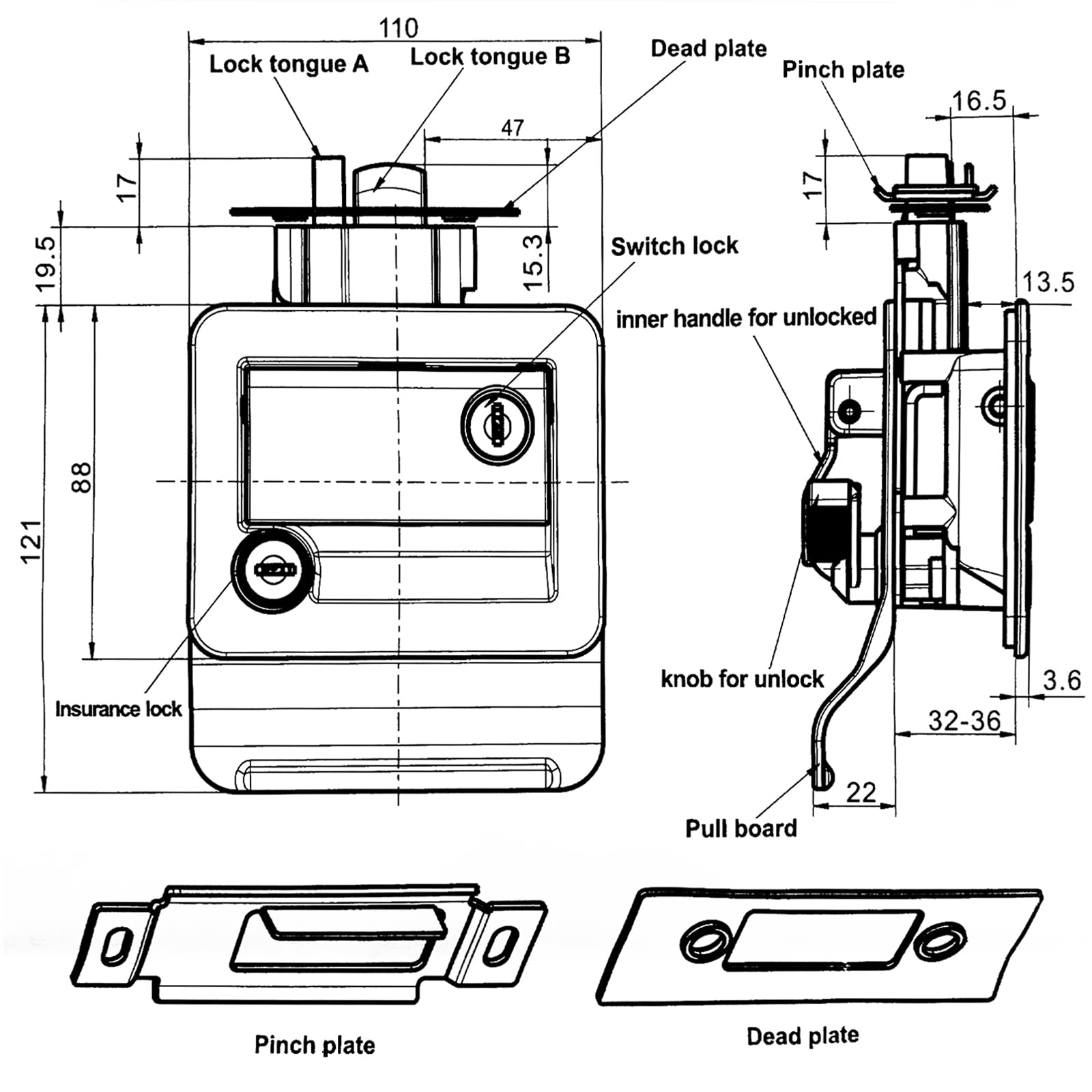 Ganlandy RV Door Latch, Black, Waterproof, Key Lock, Fits 2.5" x 3.5" to 3" x 4" Door Holes, 100% Metal