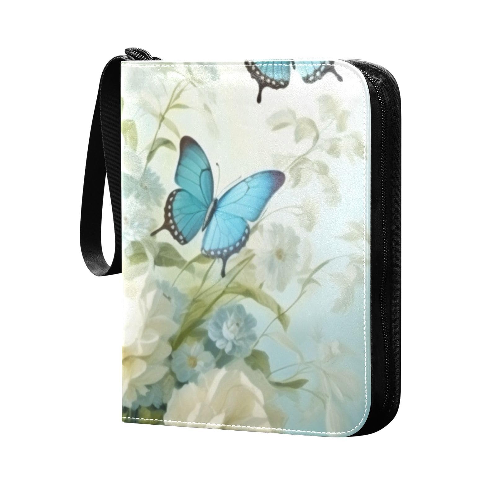 PYBUG Butterfly Trading Card Binder with Nylon Strap 4-Pocket Waterproof PU Leather Card Collection Binder for 400 Cards Sturdy Card Holder Folders for Game Cards,Sports Cards