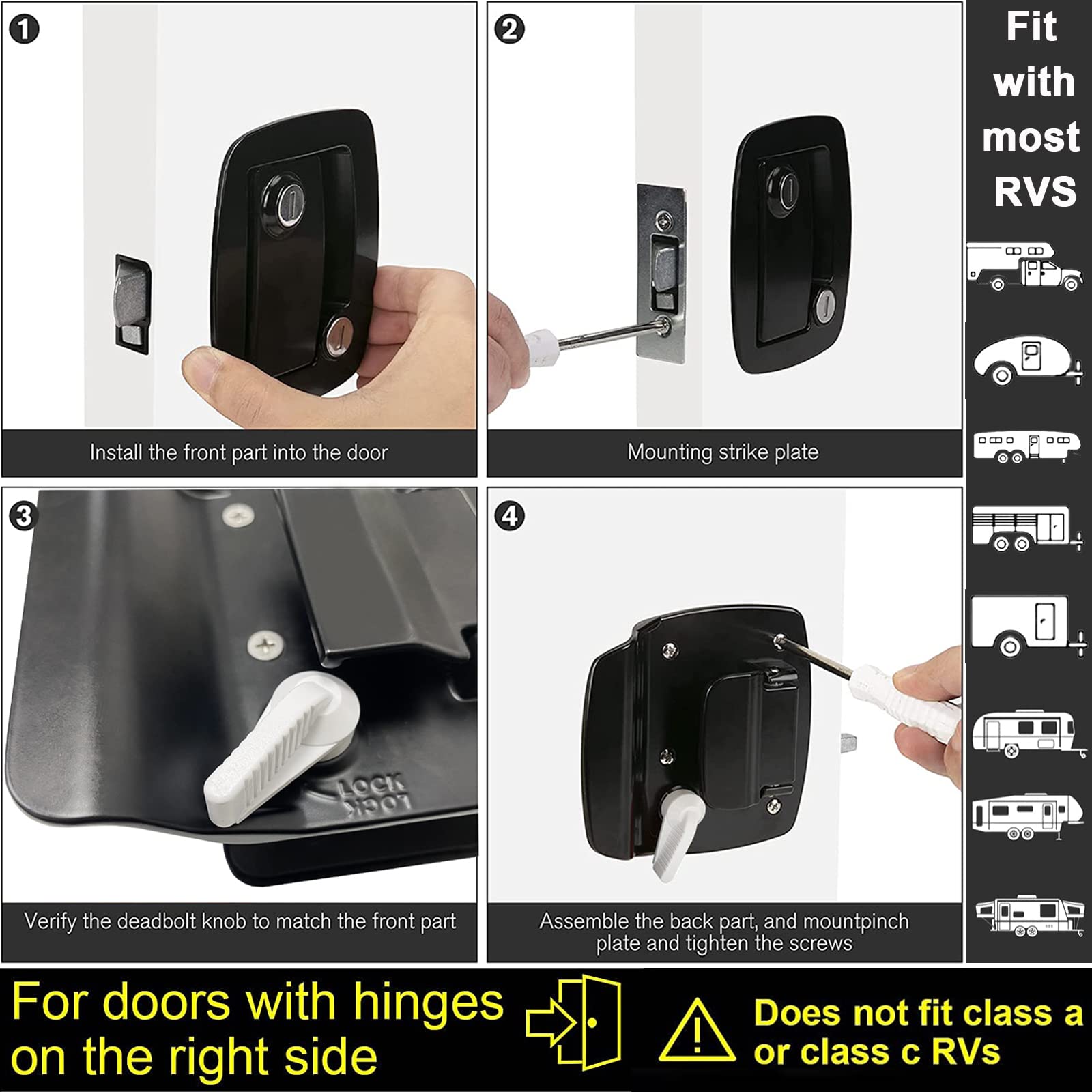 Ganlandy RV Door Latch, Black, Waterproof, Key Lock, Fits 2.5" x 3.5" to 3" x 4" Door Holes, 100% Metal