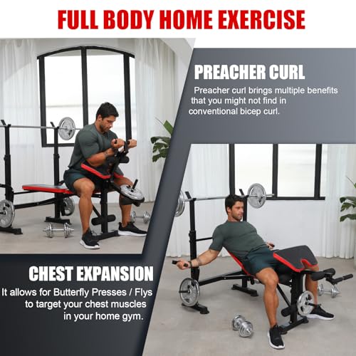 OPPSDECOR 660lbs 6 in 1 Weight Bench Set with Squat Rack, Workout Bench with Leg Extension Preacher Curl Rack Multi-Function Bench Press Set for Home Gym, ZWX1113 New Version Weight Bench
