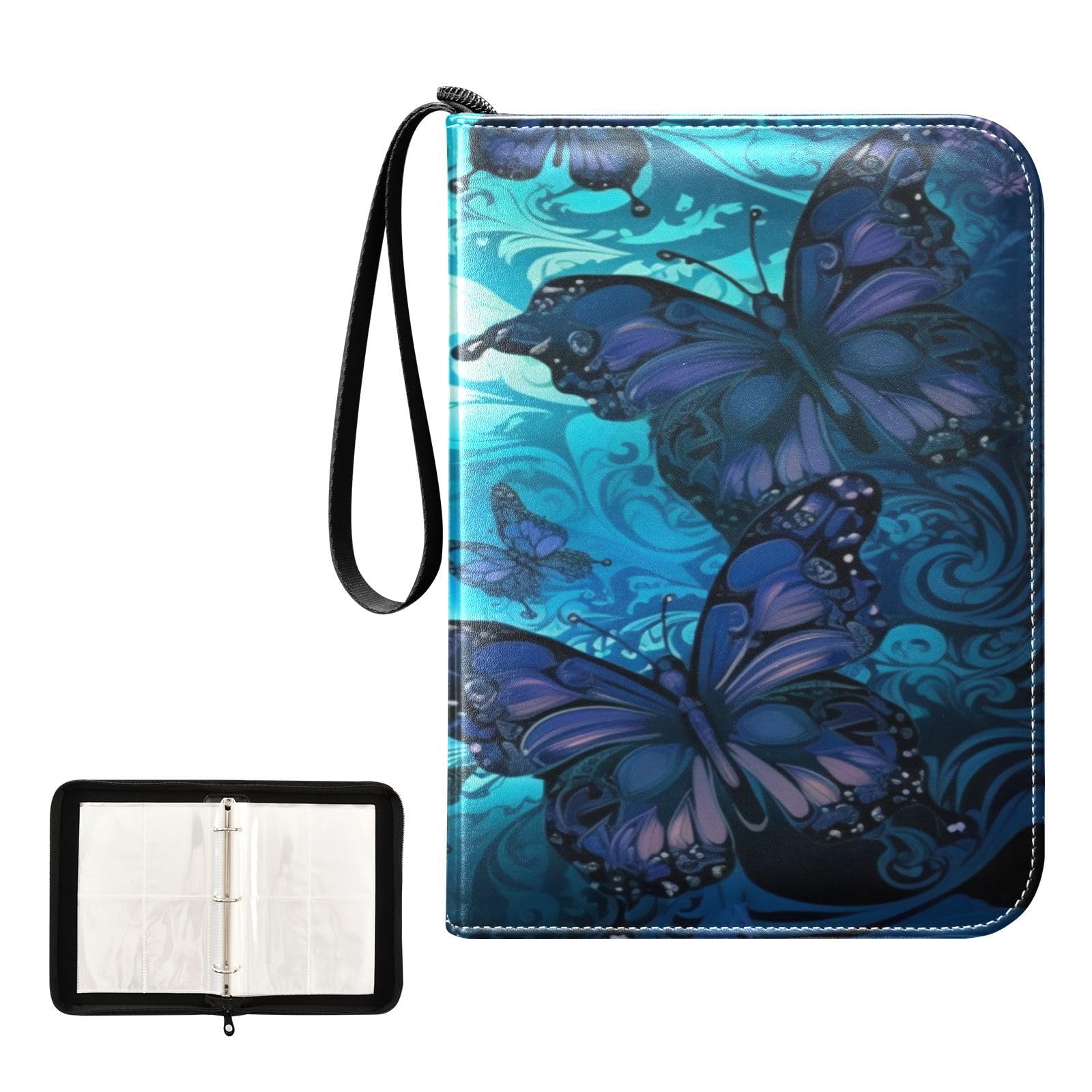 PYBUG Butterfly Trading Card Binder with Nylon Strap 4-Pocket Waterproof PU Leather Card Collection Binder for 400 Cards Sturdy Card Holder Folders for Game Cards,Sports Cards