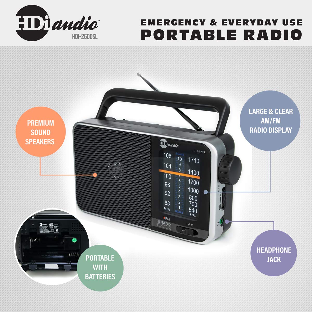 HDi Audio Home Vintage Portable AM/FM Desktop Radio, Battery Operated, Or AC Power, | Headphone Jack | Big Speaker | Large Operated Analog Radio (Silver)