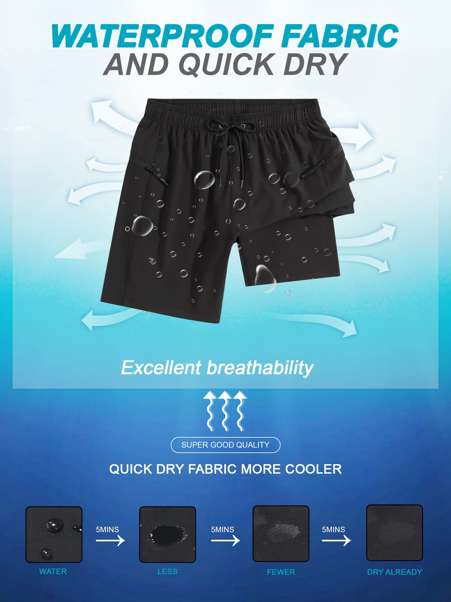 SILKWORLD 7 Inch Swim Trunks for Men Swimsuit with Compression Liner Bathing Suit Quick Dry Swim Shorts with Zipper Side Pockets,Black,Large