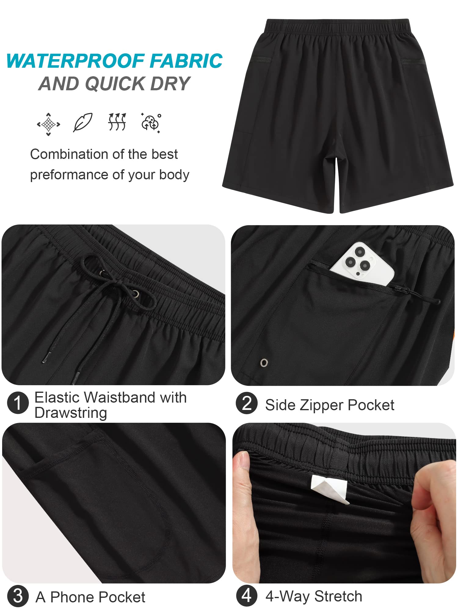 SILKWORLD 7 Inch Swim Trunks for Men Swimsuit with Compression Liner Bathing Suit Quick Dry Swim Shorts with Zipper Side Pockets,Black,Large