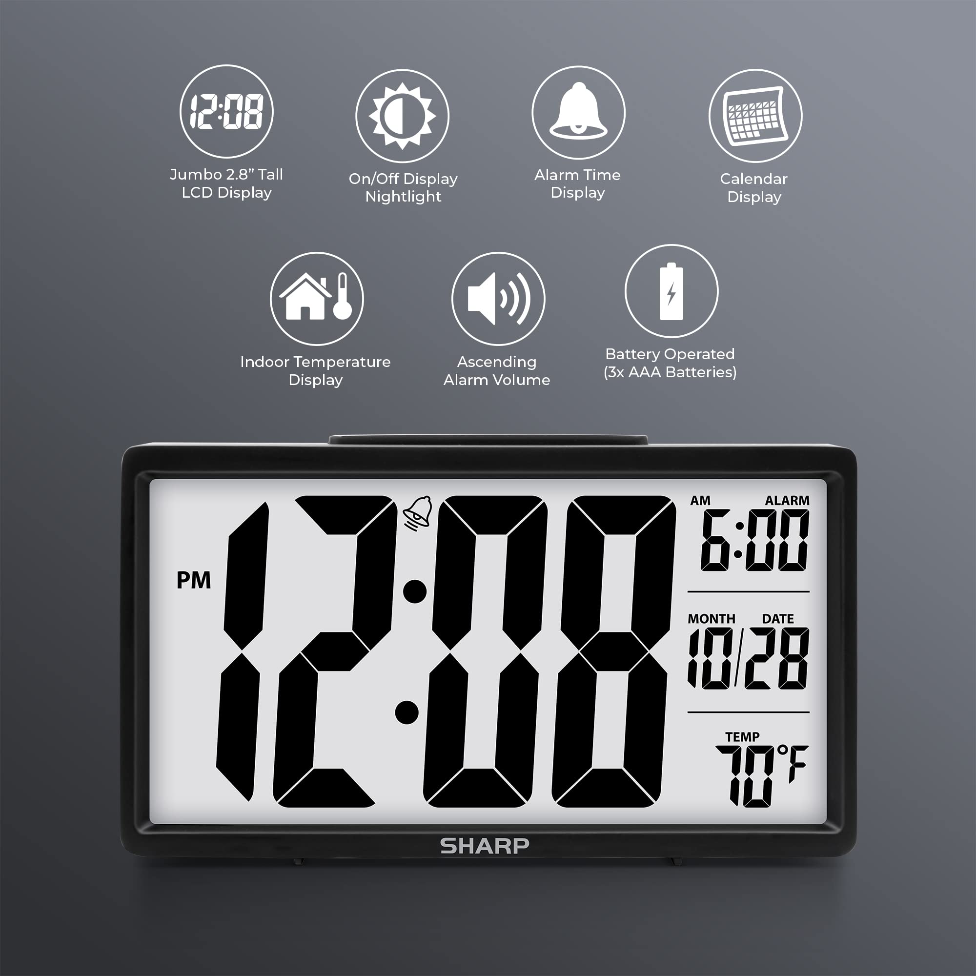 SHARP Alarm Clock with Easy to Read 2.8'' Jumbo Screen with Indoor Temperature, Nightlight, Calendar, Battery Operated Digital Clock for Bedrooms or Travel, Black (SPC5026AMZ)
