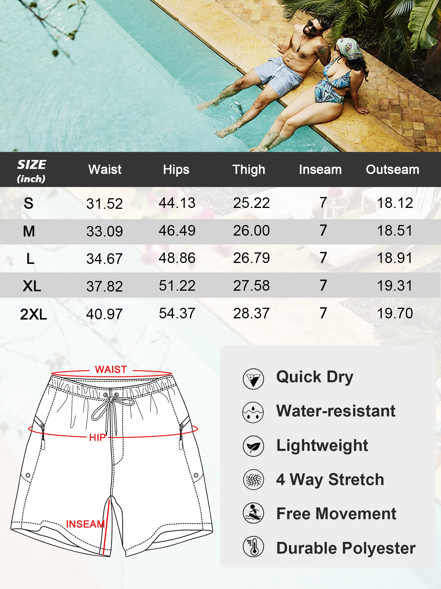 SILKWORLD 7 Inch Swim Trunks for Men Swimsuit with Compression Liner Bathing Suit Quick Dry Swim Shorts with Zipper Side Pockets,Black,Large