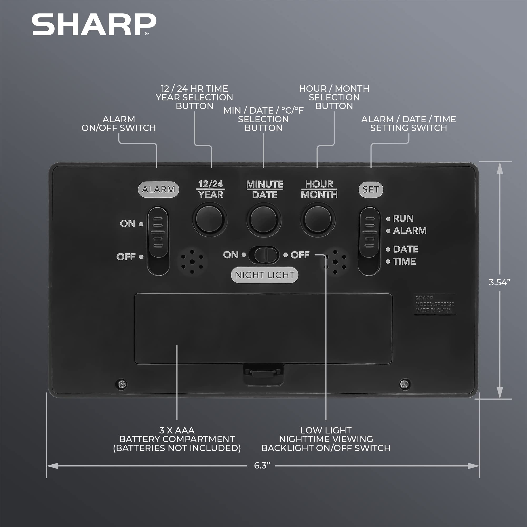 SHARP Alarm Clock with Easy to Read 2.8'' Jumbo Screen with Indoor Temperature, Nightlight, Calendar, Battery Operated Digital Clock for Bedrooms or Travel, Black (SPC5026AMZ)