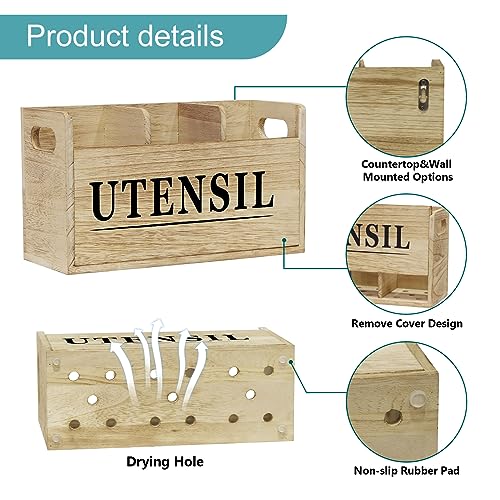 Large Rustic Kitchen Utensil Holder for Countertop, Farmhouse Wooden Utensil Holder for Kitchen Counter, 3 Compartment Rustic Cooking Utensil Holder, Kitchen Utensil Organizer Caddy for Home Decor