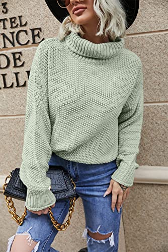 Lynwitkui Women Turtleneck Sweaters Batwing Sleeve Casual Loose Chunky Pullover Sweater Knit Tops Light Green