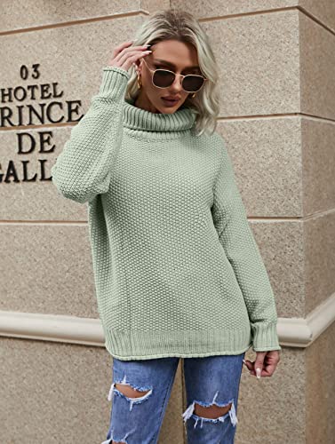 Lynwitkui Women Turtleneck Sweaters Batwing Sleeve Casual Loose Chunky Pullover Sweater Knit Tops Light Green