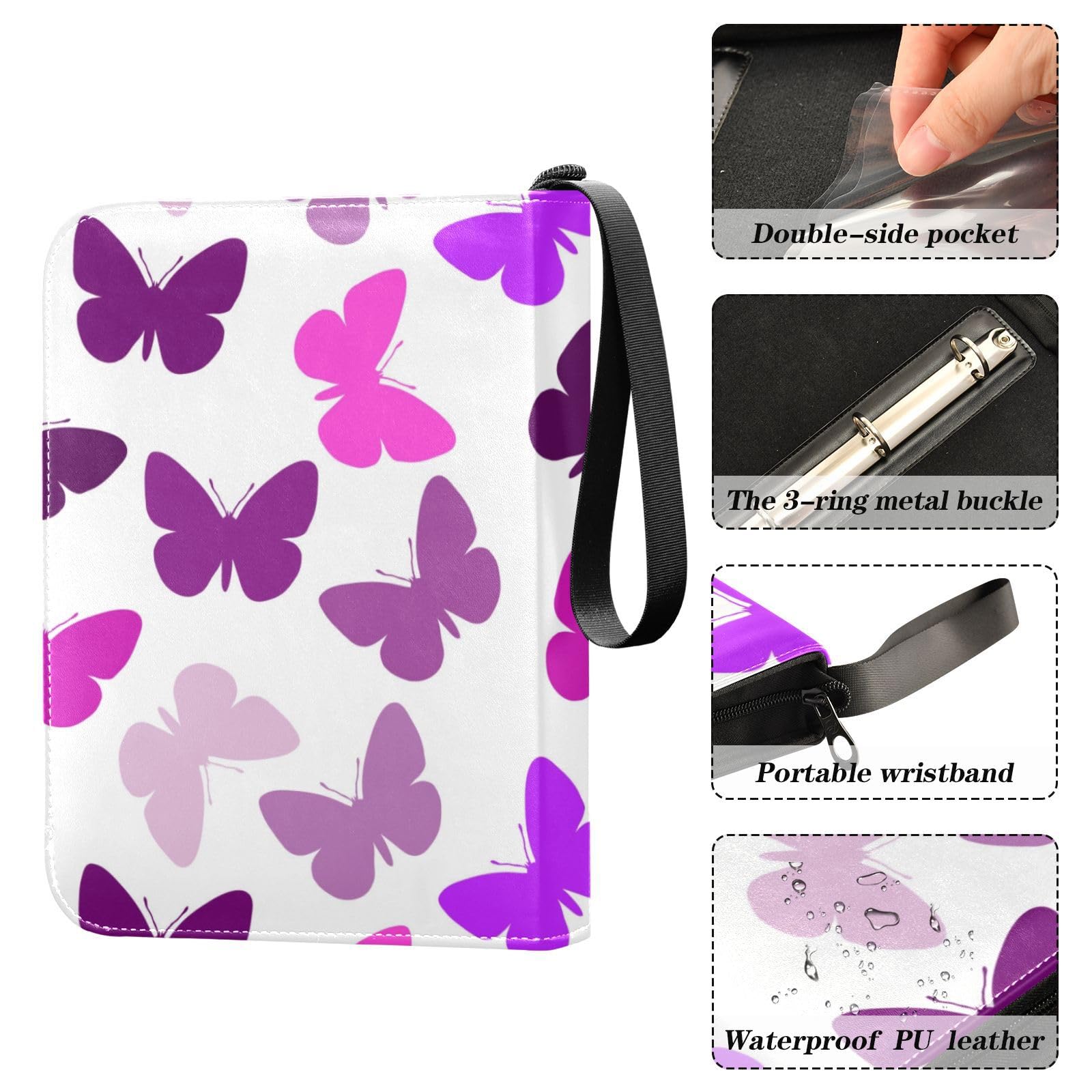 PYBUG Butterfly Trading Card Binder with Nylon Strap 4-Pocket Waterproof PU Leather Card Collection Binder for 400 Cards Sturdy Card Holder Folders for Game Cards,Sports Cards