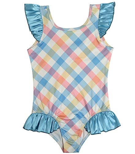 LUOUSE Toddler Girls Stretch Swimsuit Ruffle-Accent One Piece Bathing Suits, Cute Ruffle Swimwear for Girls, Plaid 5-6 T