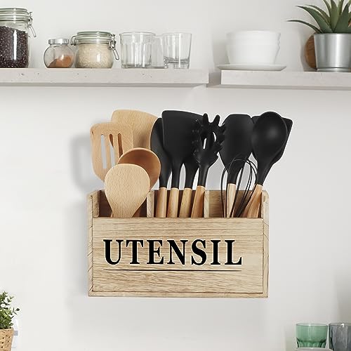 Large Rustic Kitchen Utensil Holder for Countertop, Farmhouse Wooden Utensil Holder for Kitchen Counter, 3 Compartment Rustic Cooking Utensil Holder, Kitchen Utensil Organizer Caddy for Home Decor