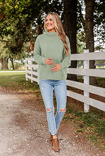 Lynwitkui Women Turtleneck Sweaters Batwing Sleeve Casual Loose Chunky Pullover Sweater Knit Tops Light Green