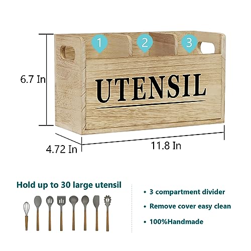 Large Rustic Kitchen Utensil Holder for Countertop, Farmhouse Wooden Utensil Holder for Kitchen Counter, 3 Compartment Rustic Cooking Utensil Holder, Kitchen Utensil Organizer Caddy for Home Decor