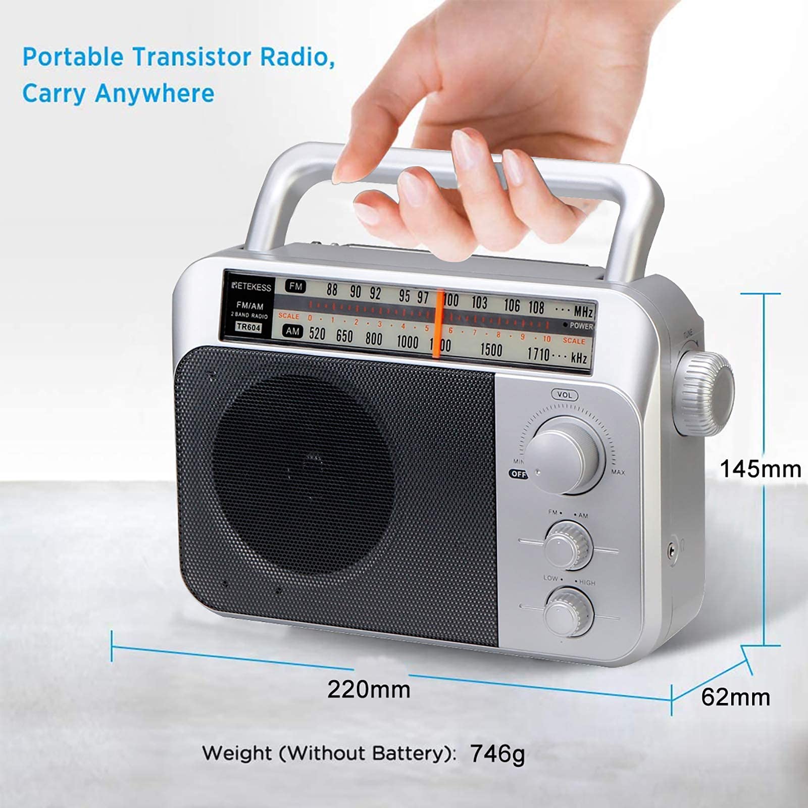 Retekess TR604 AM FM Radio Portable Transistor Analog Radio with 3.5mm Earphone Jack Battery Operated Boombox by 3 D Cell Batteries or AC Power (Silver, AM FM)