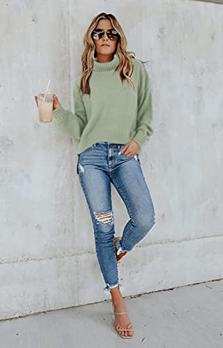 Lynwitkui Women Turtleneck Sweaters Batwing Sleeve Casual Loose Chunky Pullover Sweater Knit Tops Light Green