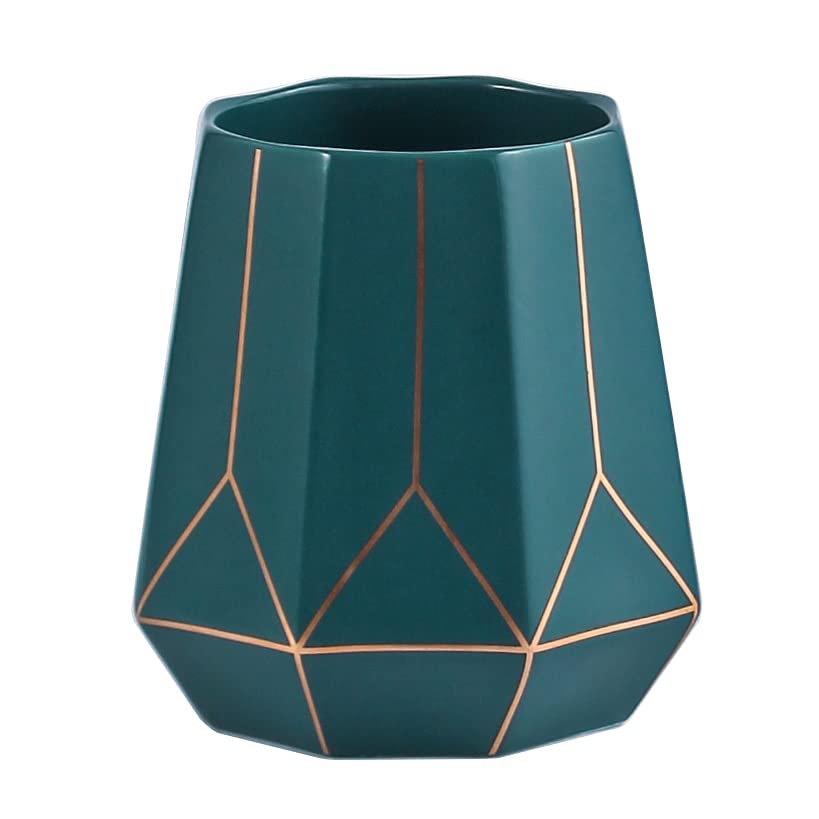 YOSCO Ceramic Desk Cute Pen Holder Stand Gold Line Pencil Cup Pot Desk Organizer Makeup Brush Holder (B-Dark Green)