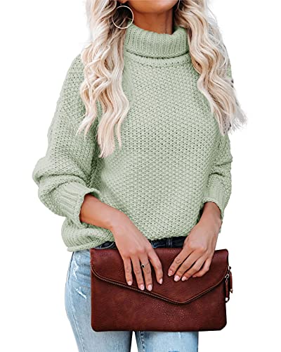 Lynwitkui Women Turtleneck Sweaters Batwing Sleeve Casual Loose Chunky Pullover Sweater Knit Tops Light Green