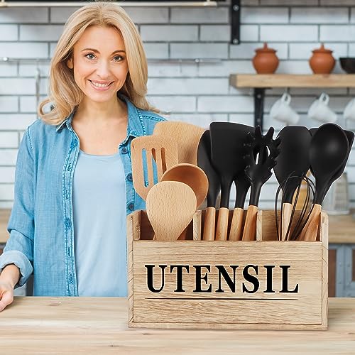 Large Rustic Kitchen Utensil Holder for Countertop, Farmhouse Wooden Utensil Holder for Kitchen Counter, 3 Compartment Rustic Cooking Utensil Holder, Kitchen Utensil Organizer Caddy for Home Decor