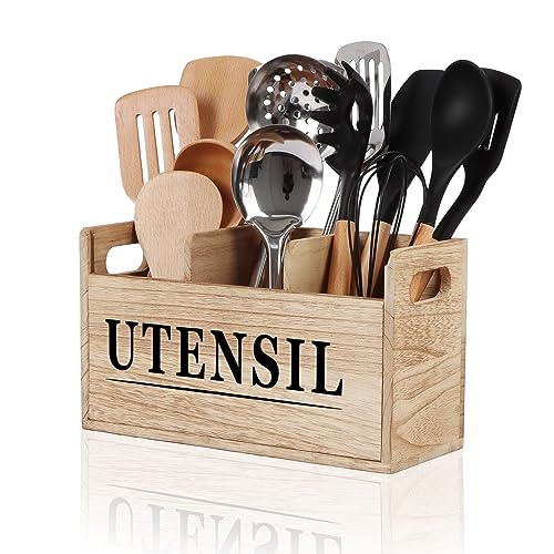 Large Rustic Kitchen Utensil Holder for Countertop, Farmhouse Wooden Utensil Holder for Kitchen Counter, 3 Compartment Rustic Cooking Utensil Holder, Kitchen Utensil Organizer Caddy for Home Decor