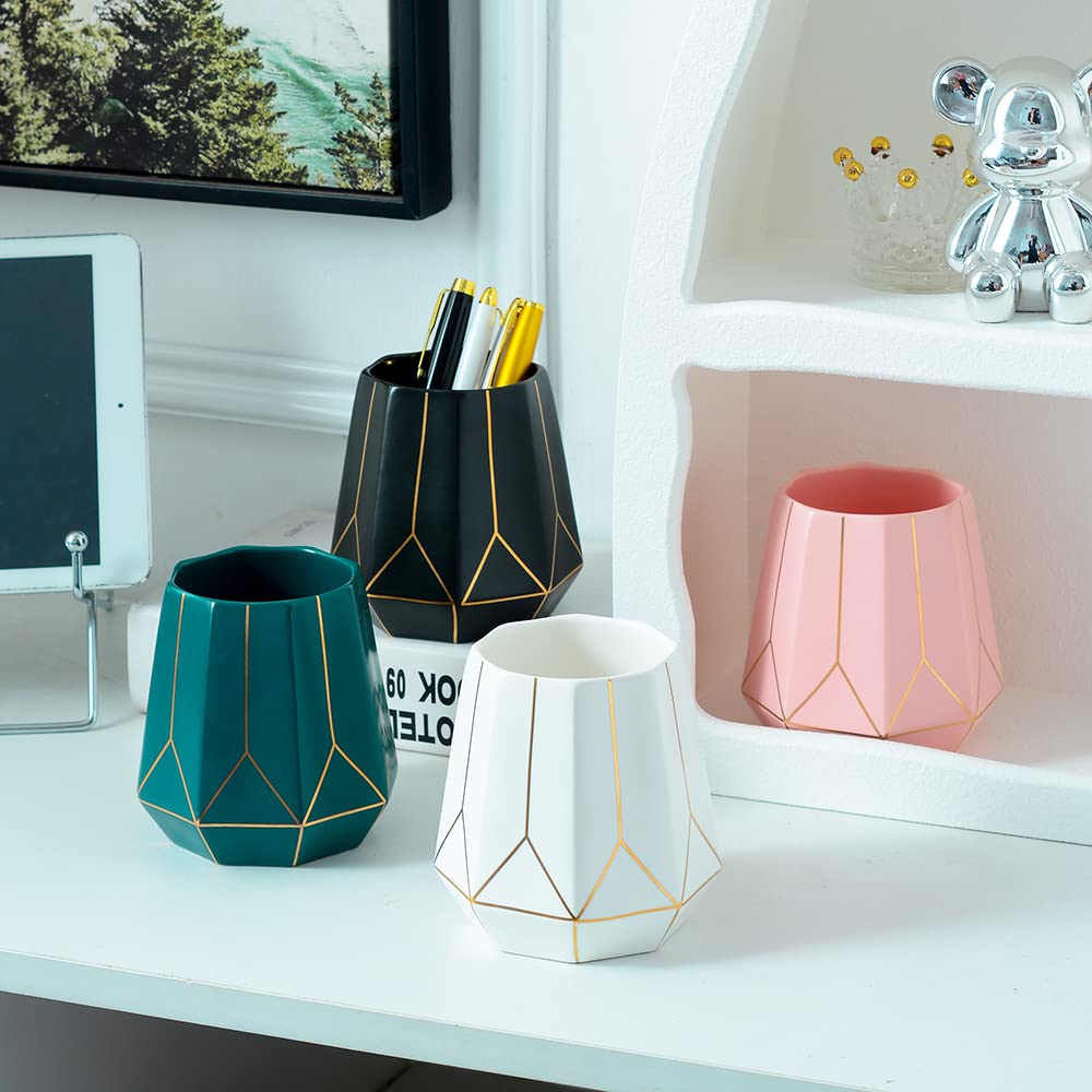YOSCO Ceramic Desk Cute Pen Holder Stand Gold Line Pencil Cup Pot Desk Organizer Makeup Brush Holder (B-Dark Green)