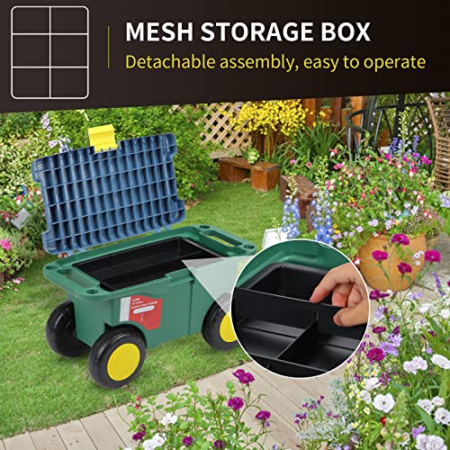 Multi-Use Garden Scooter with Seat, Rolling Storage Bin with Bench Seat and Interior Tool Tray，Gardening Stool for Weeding and Planting