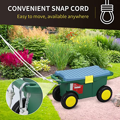 Multi-Use Garden Scooter with Seat, Rolling Storage Bin with Bench Seat and Interior Tool Tray，Gardening Stool for Weeding and Planting