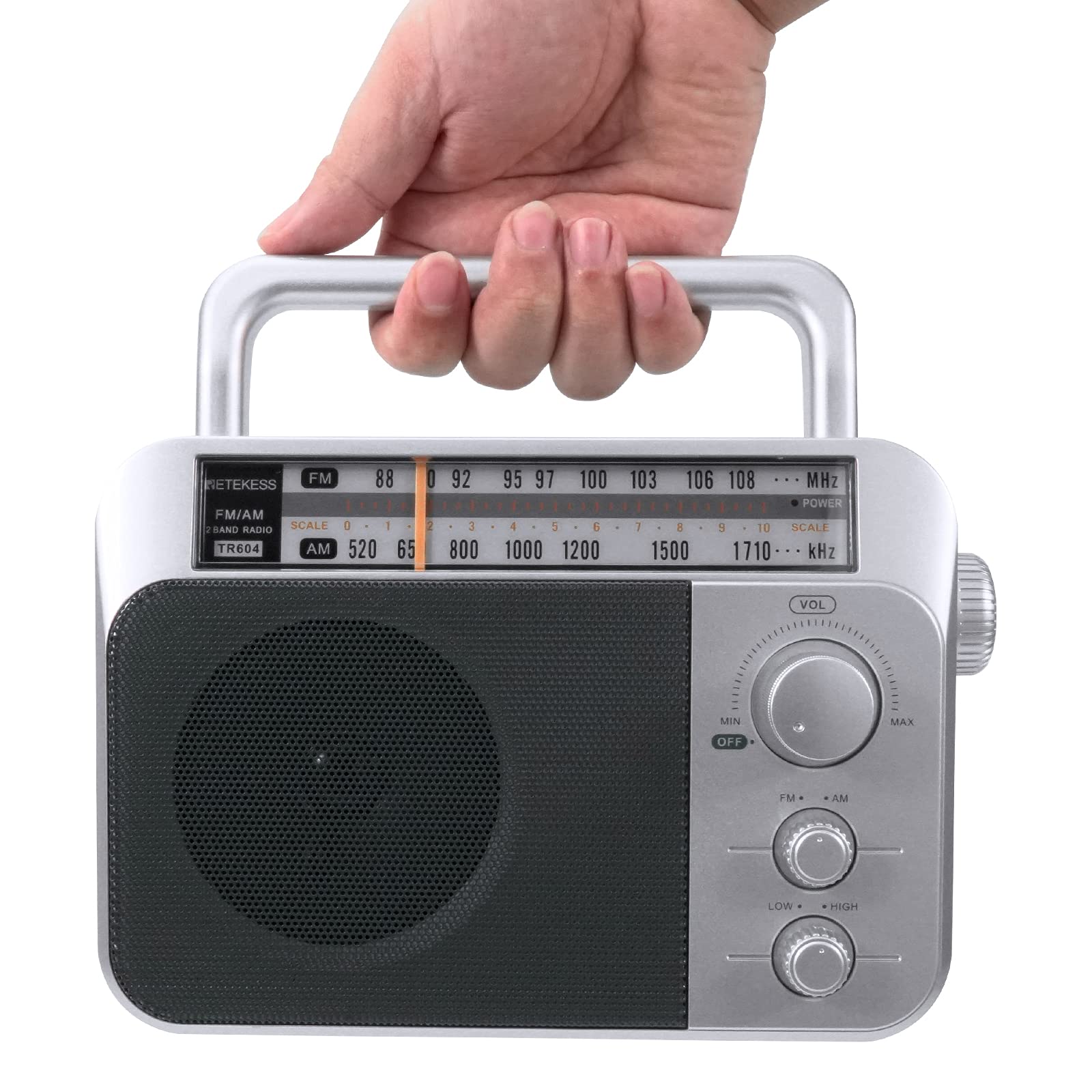 Retekess TR604 AM FM Radio Portable Transistor Analog Radio with 3.5mm Earphone Jack Battery Operated Boombox by 3 D Cell Batteries or AC Power (Silver, AM FM)