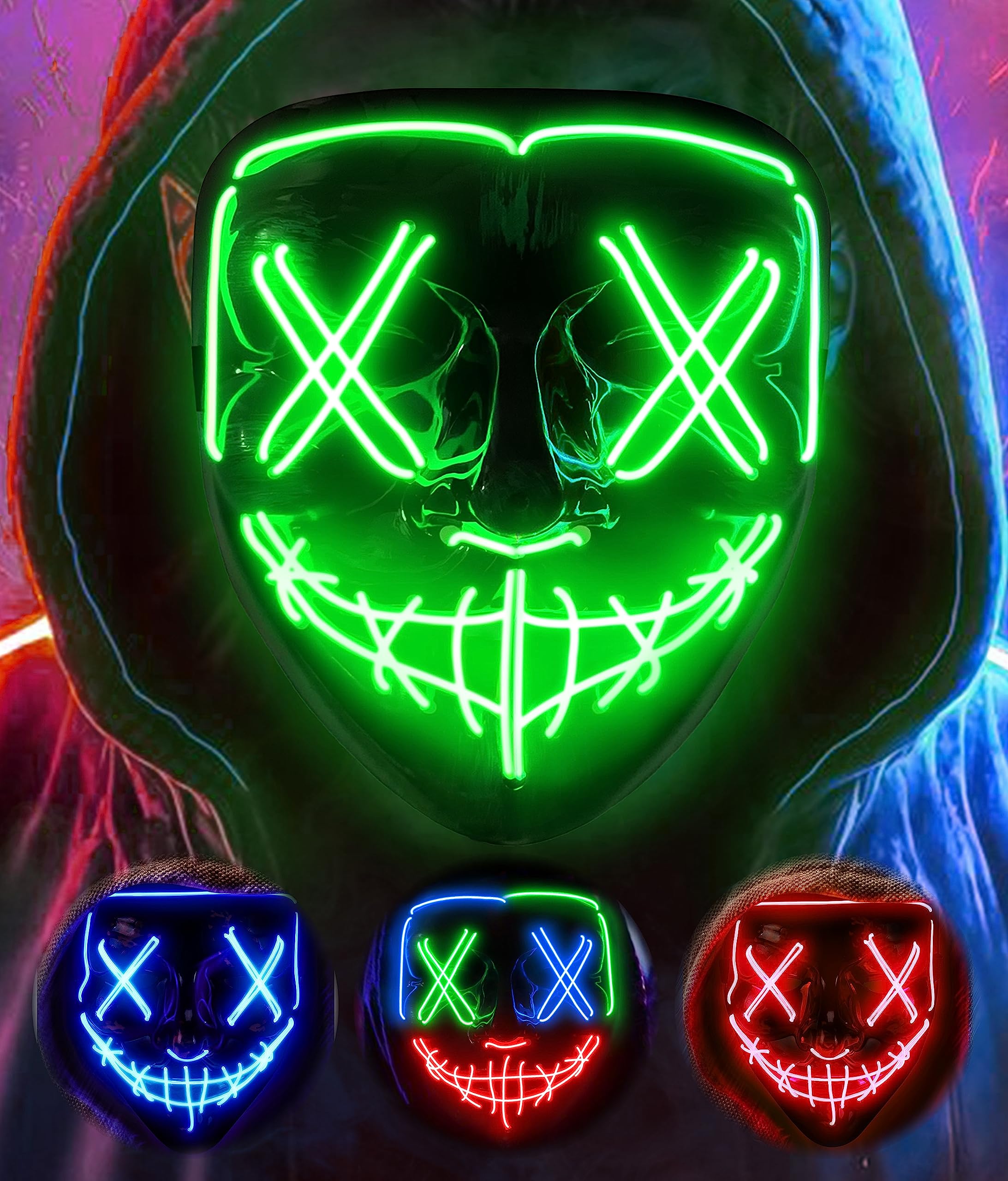 Colplay LED Light Up Halloween Mask,Scary Glow LED Face Mask with 3 Lighting Modes & El Wire for Costume&Cosplay Party.Adjustable&Eco-Friendly Material for Men Women Kid-Green