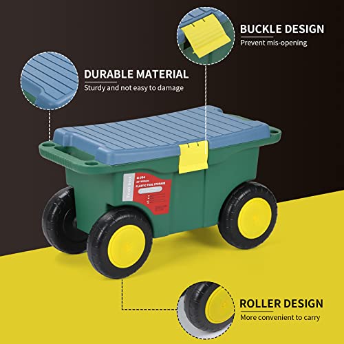 Multi-Use Garden Scooter with Seat, Rolling Storage Bin with Bench Seat and Interior Tool Tray，Gardening Stool for Weeding and Planting