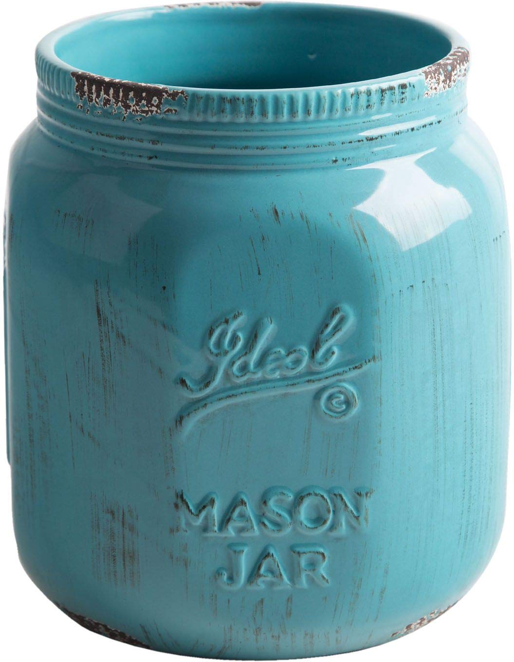 MosJos Extra-Large Kitchen Utensil Holder - 7.8” Mason Jar Ceramic Kitchenware Caddy for Farmhouse Kitchen Decor, Dishwasher Safe, Wide Opening Vintage Utensil Crock Countertop Organizer - Aqua
