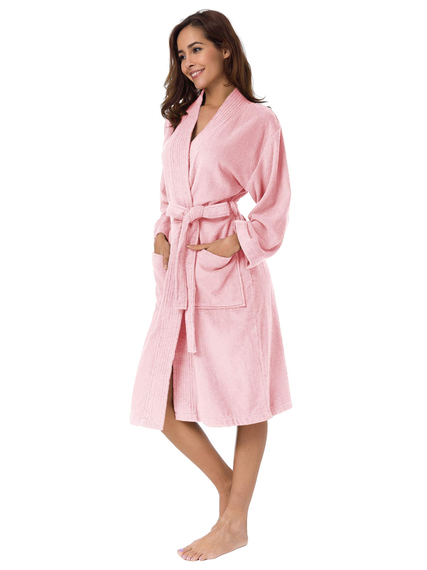 SIORO Terry Cloth Robes for Women Cotton Kimono Bathrobe Towel Soft Fuzzy Absorbent Long Sleeve Calf Length Robe Plush Warm Shower Housecoat,Light Pink Small