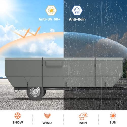 XPORTION Pop Up Trailer Cover,100% Waterproof Folding Trailer Cover 900D Throughout Pop up Camper RV Cover with 7 PCS Reinforced Windproof Straps,Fit14'-16'
