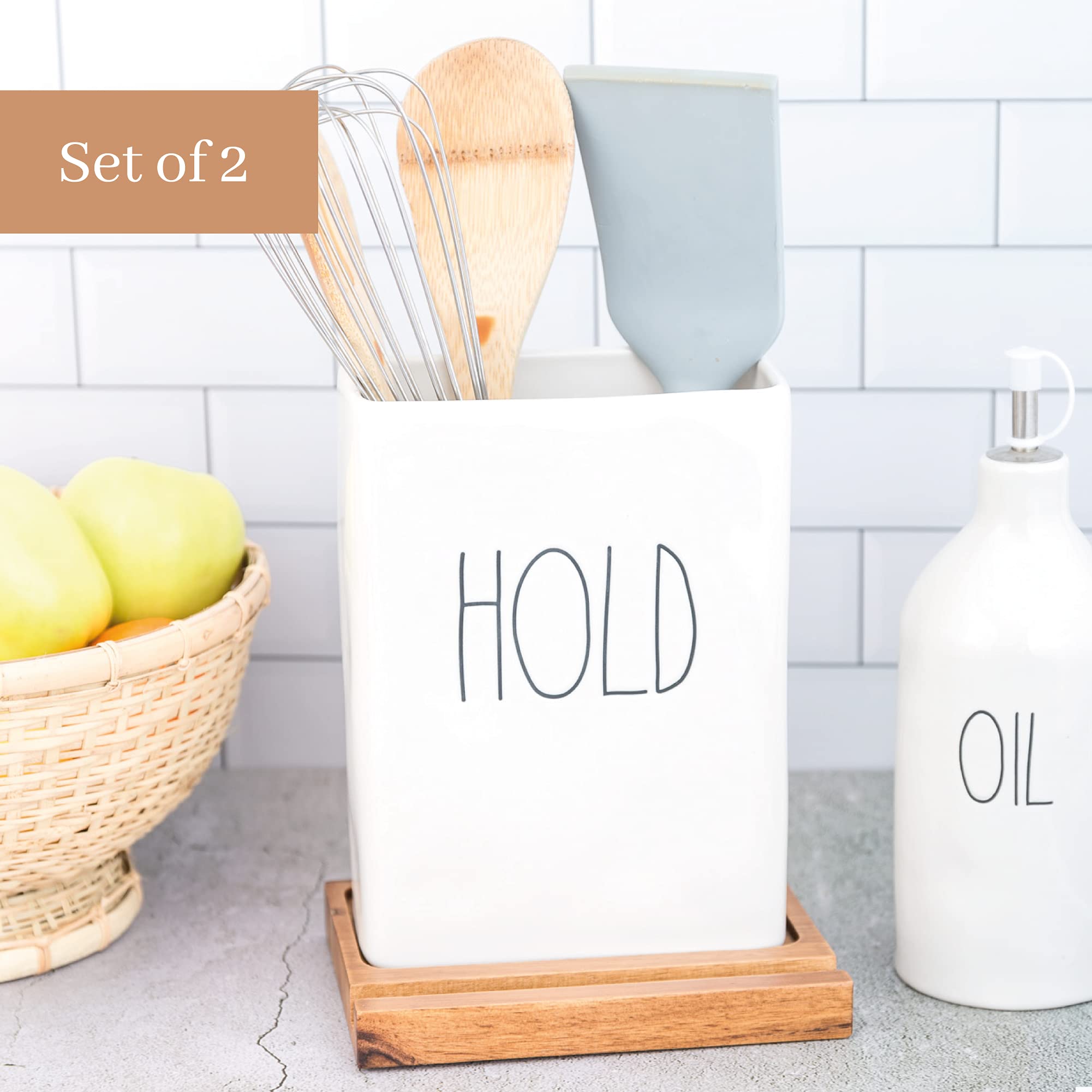 Rae Dunn Kitchen Utensil Organizer with Wooden Tray, Cute Organizer for Kitchen Countertop with Phone or Tablet Holder, Handcrafted Ceramic Utensil Holder, 2-Piece Set