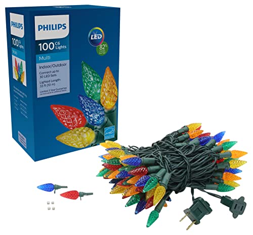 Philips 100 LED Multicolor Faceted C6 Christmas Lights on Green Wire - UL Listed for Indoor/Outdoor Use - 35.33' Total Length with 4" Bulb Spacing - String Lights for Christmas Tree Decorating