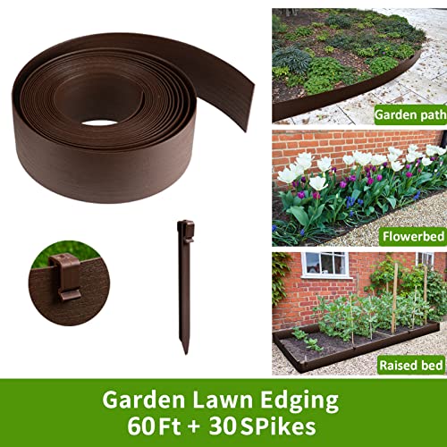 AGTEK 60FT Plastic Landscape Edging Coil Kit 4in. High Terrace Board Garden Edging Border Lawn Edging Roll for Flower Bed Lawn Yard, Black with 30 Spikes,3mm Thin, Brown
