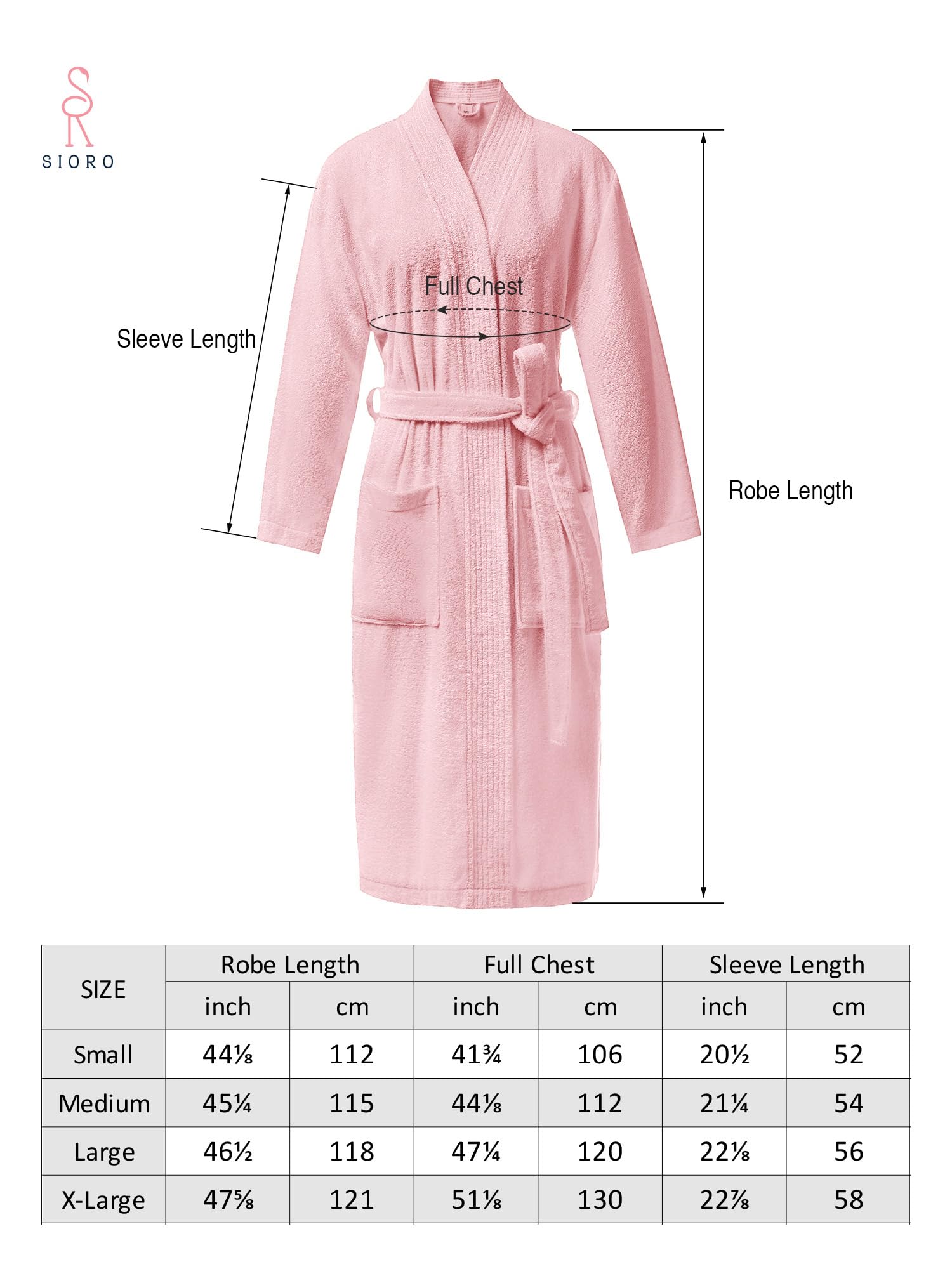 SIORO Terry Cloth Robes for Women Cotton Kimono Bathrobe Towel Soft Fuzzy Absorbent Long Sleeve Calf Length Robe Plush Warm Shower Housecoat,Light Pink Small
