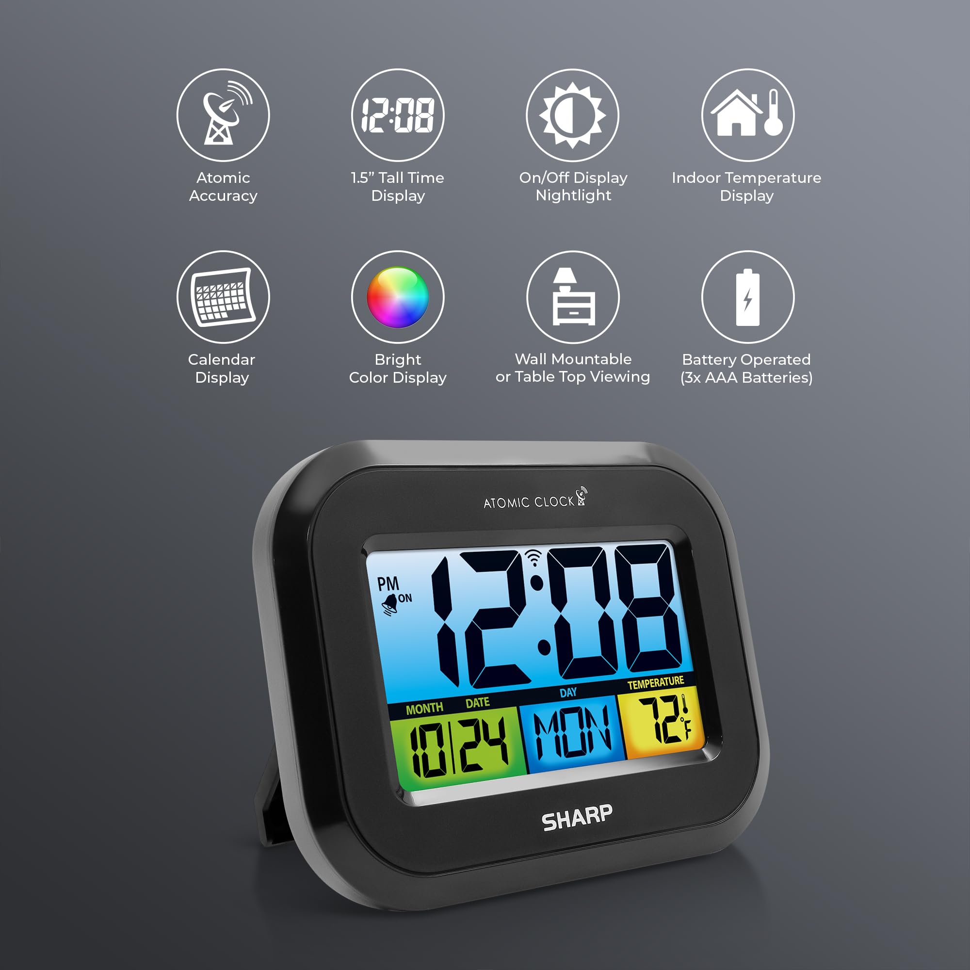 Sharp Atomic Digital Alarm Clock, Battery Operated Self-Setting Digital Wall or Desk Clock, Easy to Read Color Display Nightlight with Indoor Temperature and Calendar