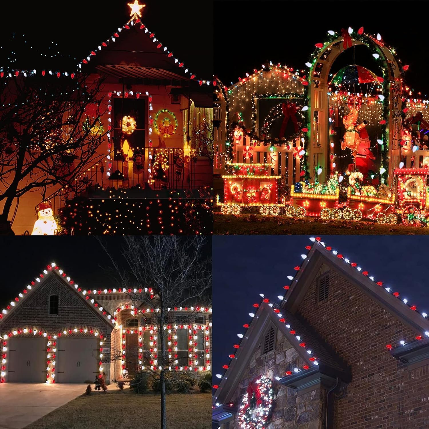 KAQ C9 Christmas Lights 2PK 100 LED 98ft Extendable Waterproof Christmas Lights Green Wire String Lights, Outdoor Christmas Lights for Patio Wedding Party Christmas Decorations (Red & Cool White)