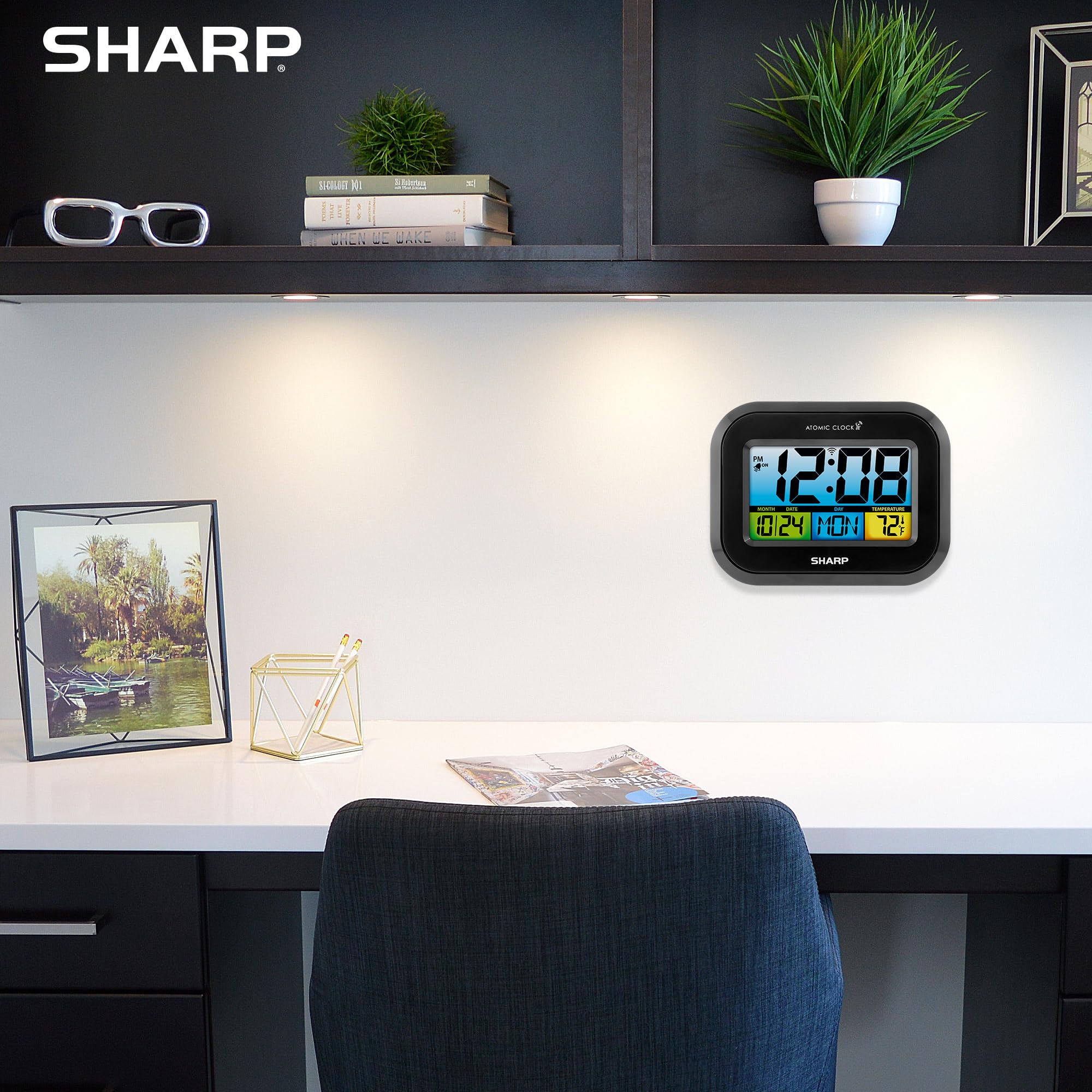 Sharp Atomic Digital Alarm Clock, Battery Operated Self-Setting Digital Wall or Desk Clock, Easy to Read Color Display Nightlight with Indoor Temperature and Calendar