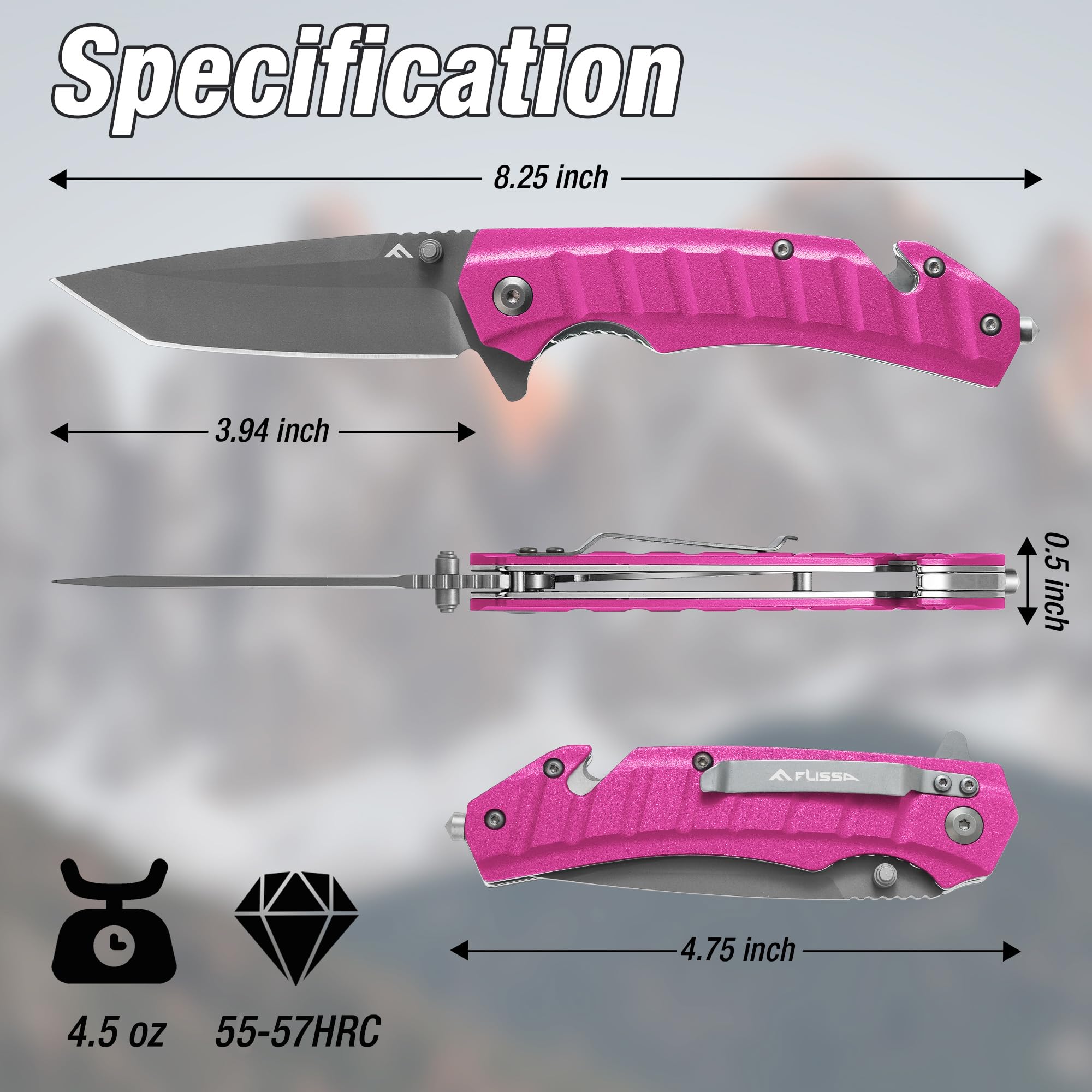 FLISSA Folding Pocket Knife, Tactical Knife with Liner Lock, Tanto Blade, Pocket Clip, Glass Breaker, Seatbelt Cutter, Perfect for Hunting, Camping, Survival (Pink)