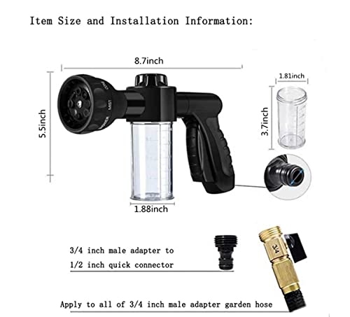 Hjkiopc Garden Hose Nozzle Adjustable Hose Spray Nozzle High Pressure 8 Watering Pattern with 3.5Oz Soap Sprayer Power Garden Water Hose Foam Nozzle Sprayer for Car Washing Pet Shower