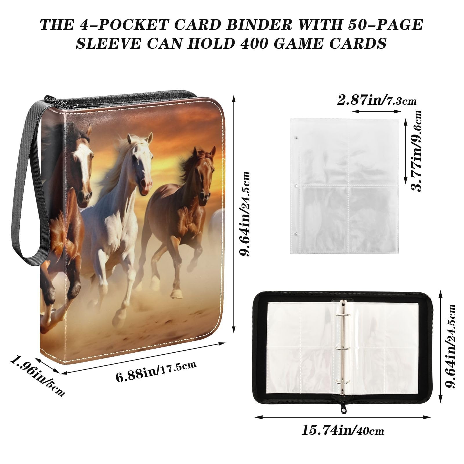PYBUG Horse Trading Card Binder with Nylon Strap 4-Pocket Waterproof PU Leather Card Collection Binder for 400 Cards Sturdy Card Holder Folders for Game Cards,Sports Cards